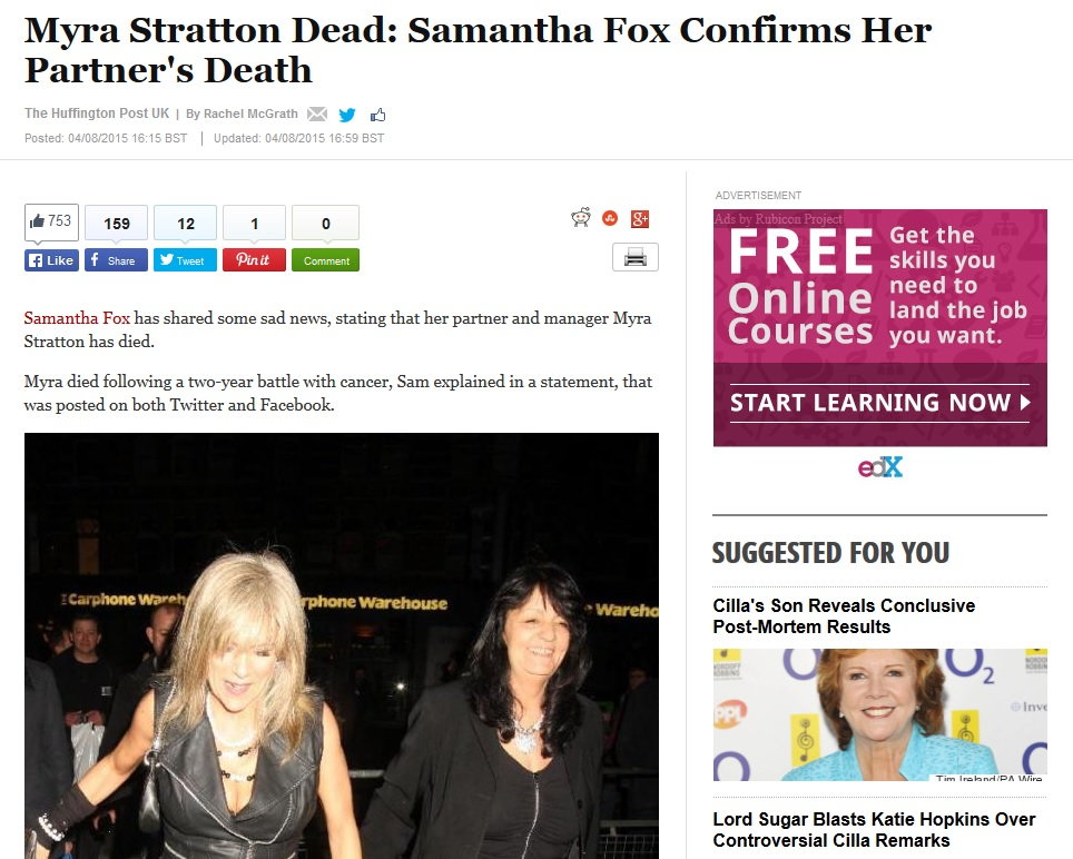 Nie żyje partnerka i menadżerka Samanthy Fox, Myra Stratton