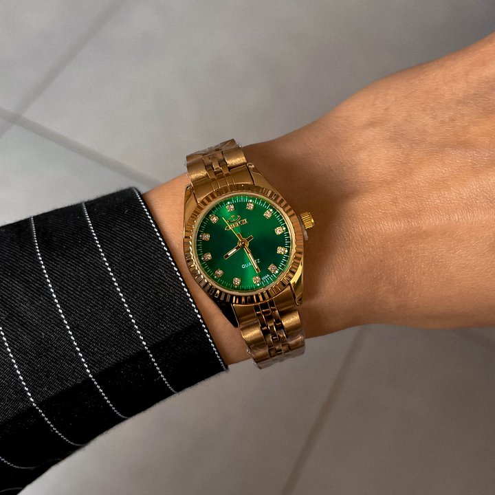 OTIEN Zegarek damski złoty na bransolecie z zieloną tarczą ze stali ...