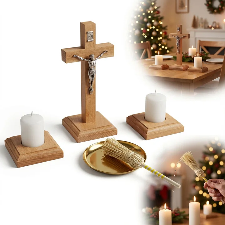 PEEWIT ZESTAW KOLĘDOWY bukowy 7 elementów drewniany krzyż świeczki ...