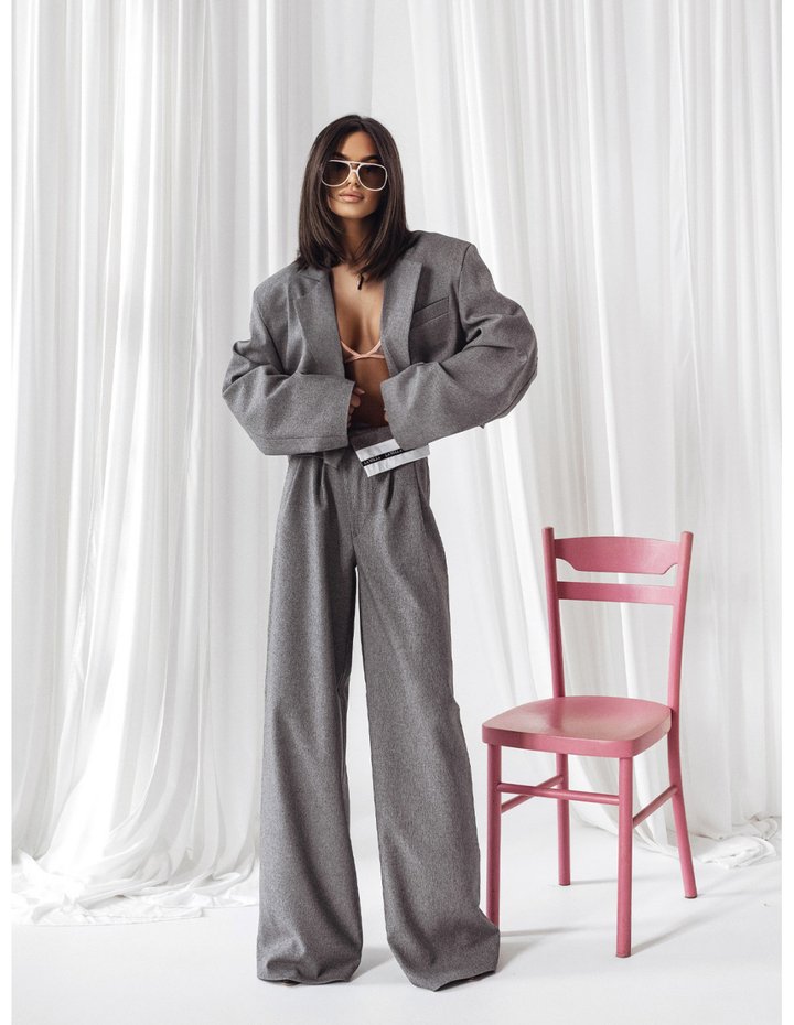 Magmac Eleganckie szerokie spodnie z logo LEVANA - szary melanż - Lamoda.pl