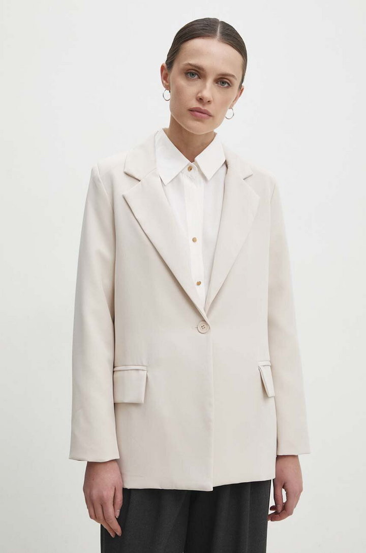 Answear.LAB marynarka kolor beżowy jednorzędowa gładka - Lamoda.pl