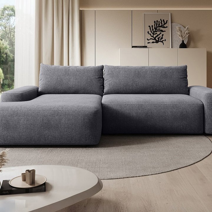 VENTE-UNIQUE Kanapa narożna lewostronna rozkładana z szarą teksturowaną ...