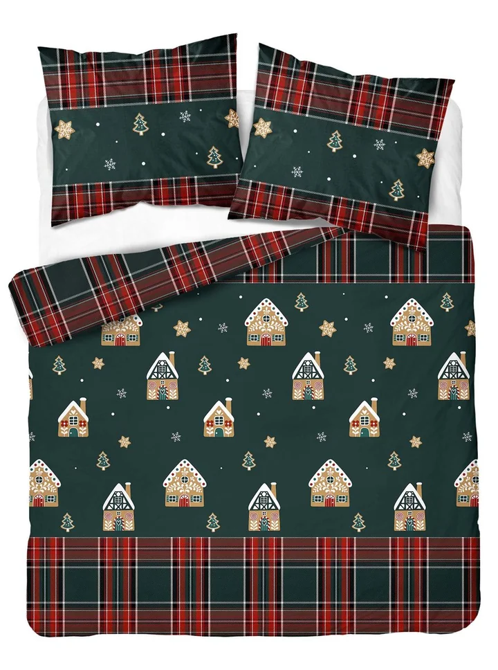 DETEXPOL Pościel bawełniana 160x200 świąteczna piernikowe chatki na ...