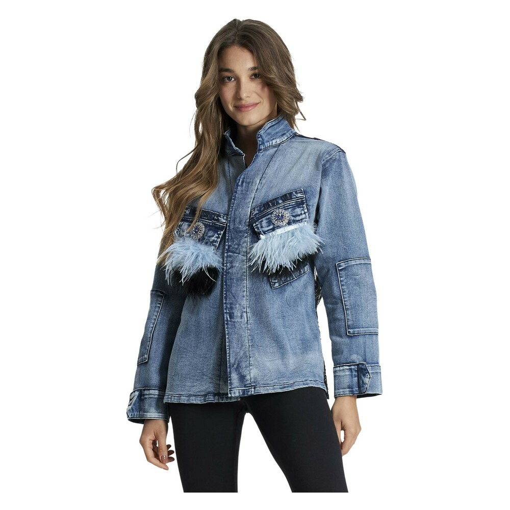 NO Secrets, Giacca Ricamo E Piume Niebieski, female, NO Secrets