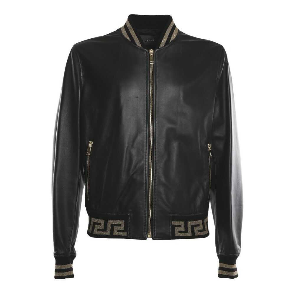 Versace, Leather Bomber Jacket Czarny, male, Versace