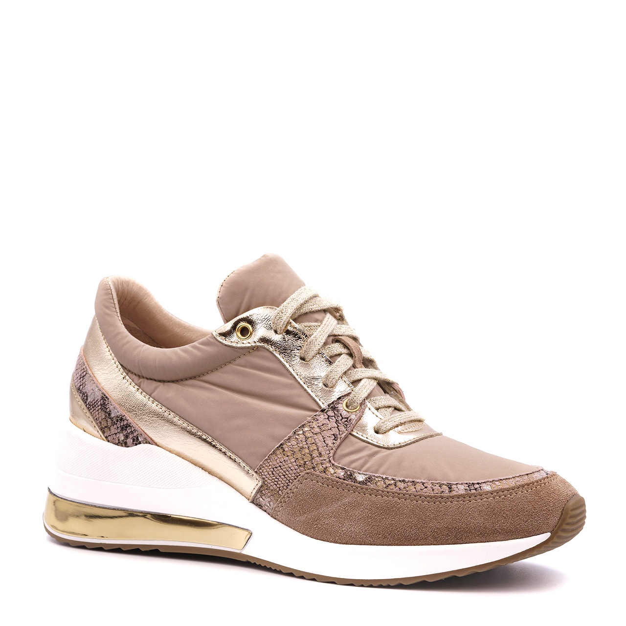 Sportowe pudrowo różowe sneakersy typu chunky ze złotą wstawką 278B Neścior