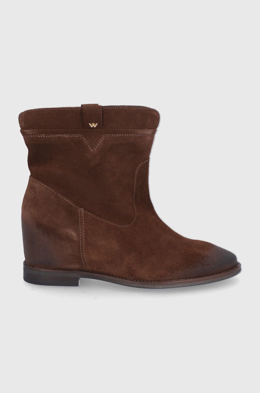 Wojas Botki zamszowe damskie kolor brązowy na koturnie Wojas