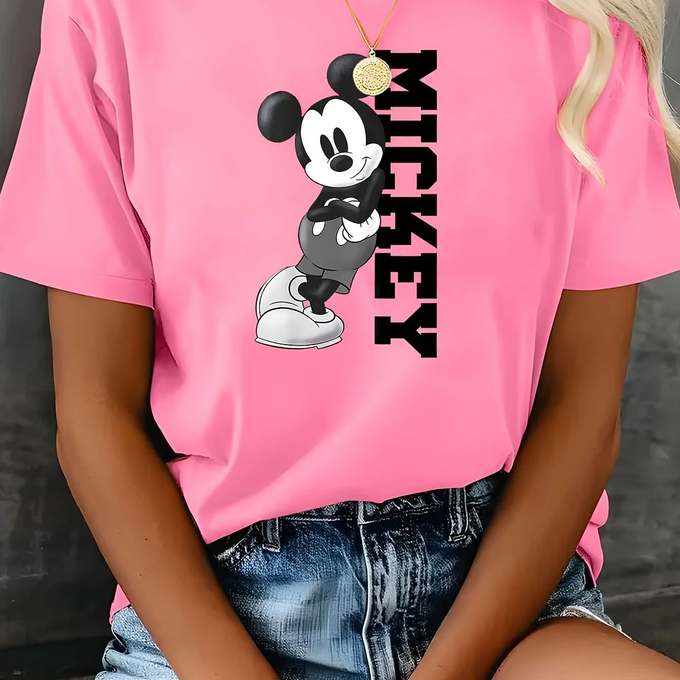 TEMU Disney Licenced, Mickey Series Pattern Print T-shirt dla kobiet ...