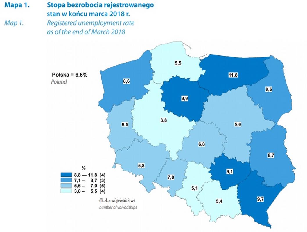 Województwa z najwyższym bezrobociem w Polsce I kw. 2018 r.