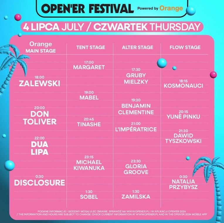 Open'er Festival 2024. Dokładna rozpiska godzinowa. Kiedy koncerty - Muzyka