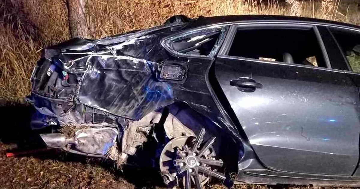 Dramatyczny wypadek. Uderzył w drzewo, słup i znak drogowy