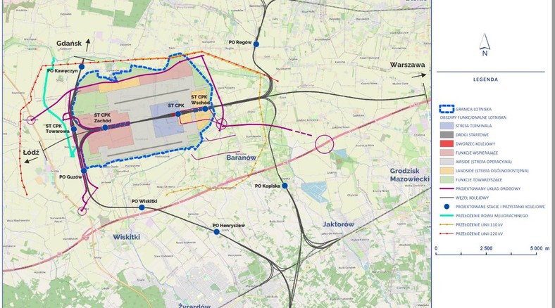 Oto dokładna lokalizacja CPK. Pod lotniskiem dworzec kolejowy, wokół ...
