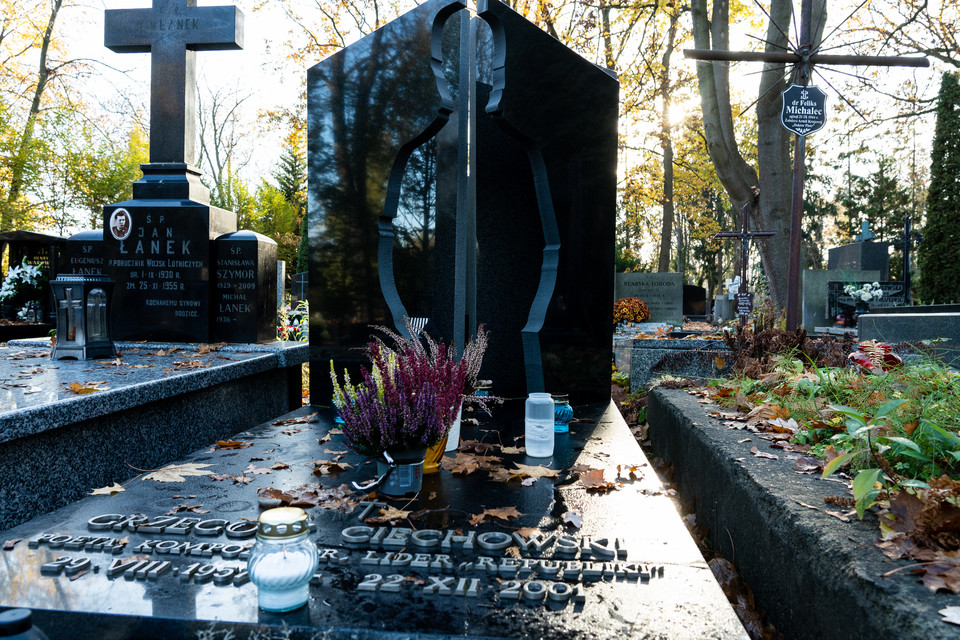 Grób Grzegorza Ciechowskiego. Jesienne liście i puste znicze na ...