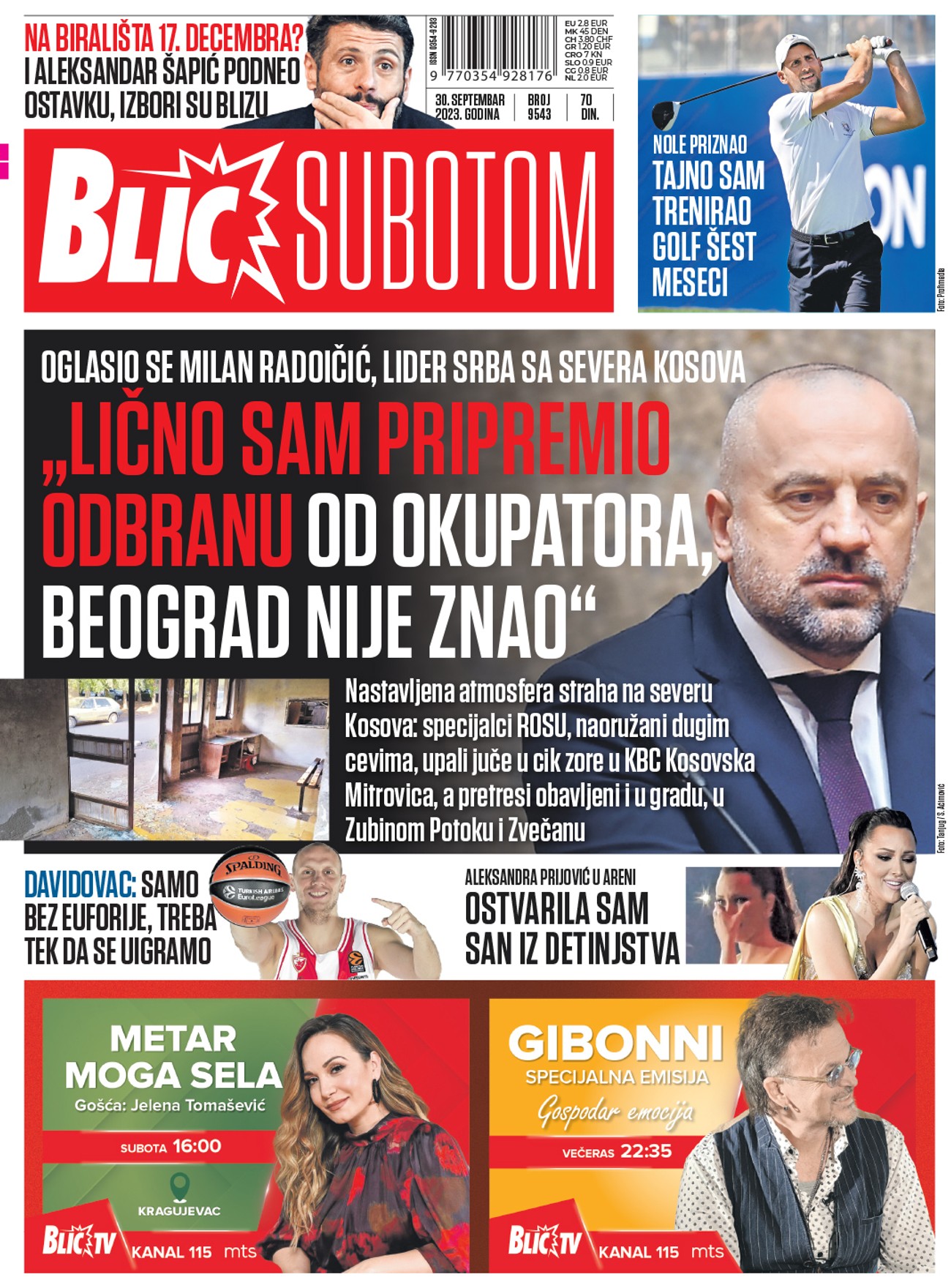 Naslovna strana za 30.9. - Blic