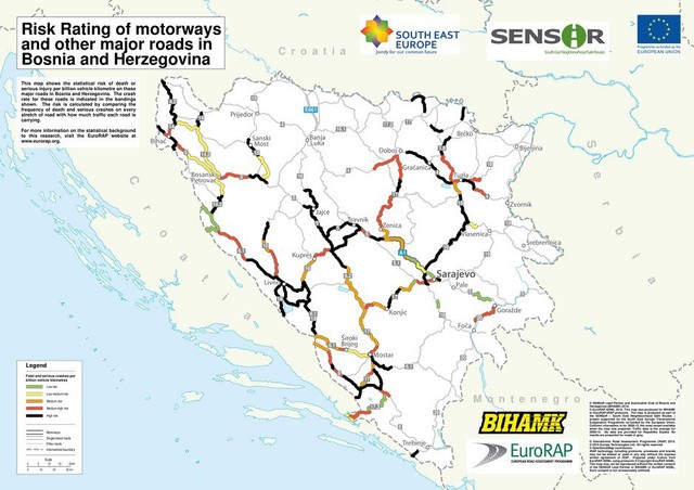 Mapa koja upozorava: 50 odsto puteva u BiH su putevi visokog rizika
