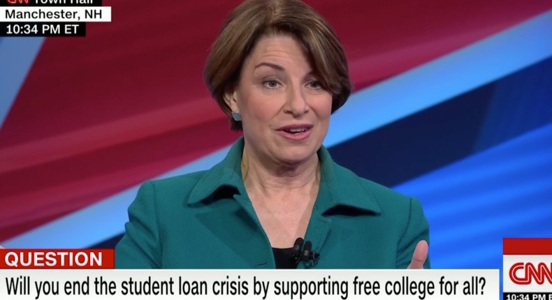 Amy Klobuchar says she doesn't support free four-year college and called the Green New Deal and ...