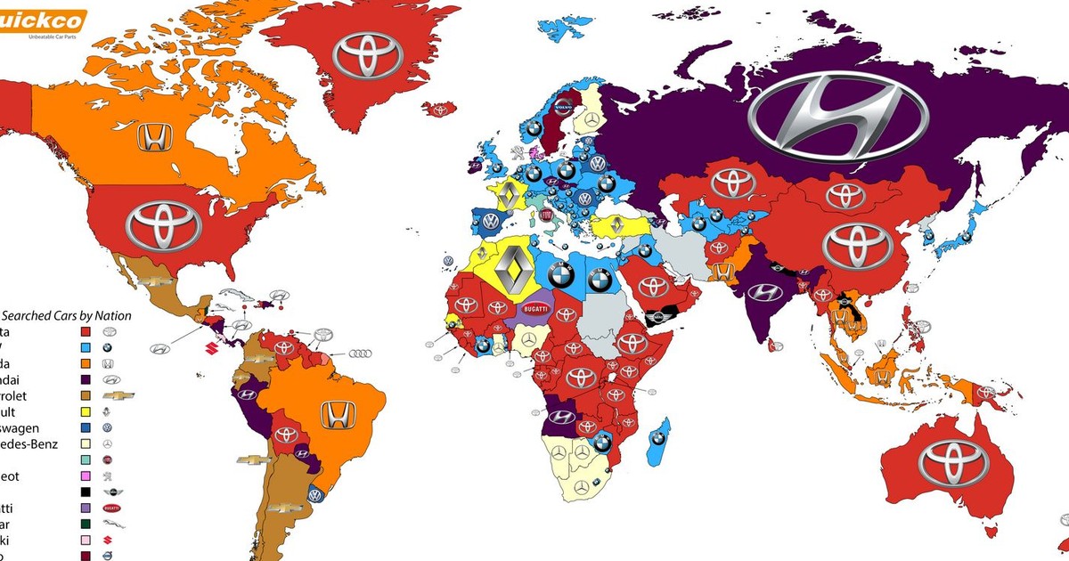 Mapa najchętniej poszukiwanych marek aut na świecie