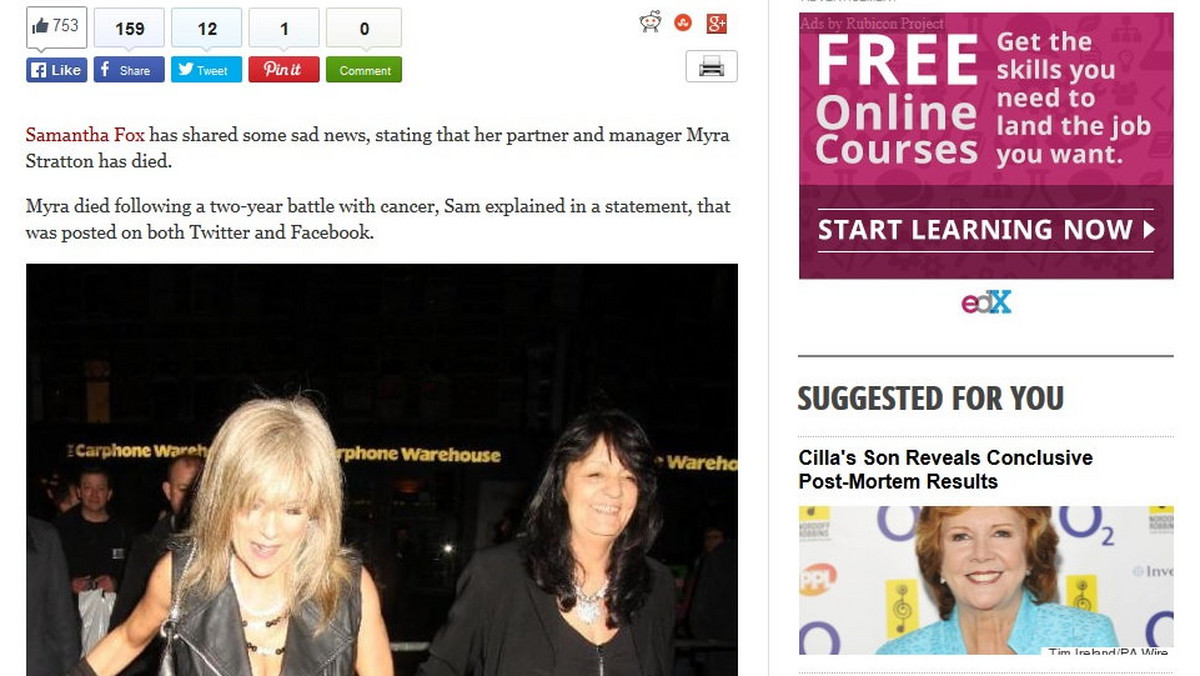 Nie żyje partnerka i menadżerka Samanthy Fox, Myra Stratton - Muzyka