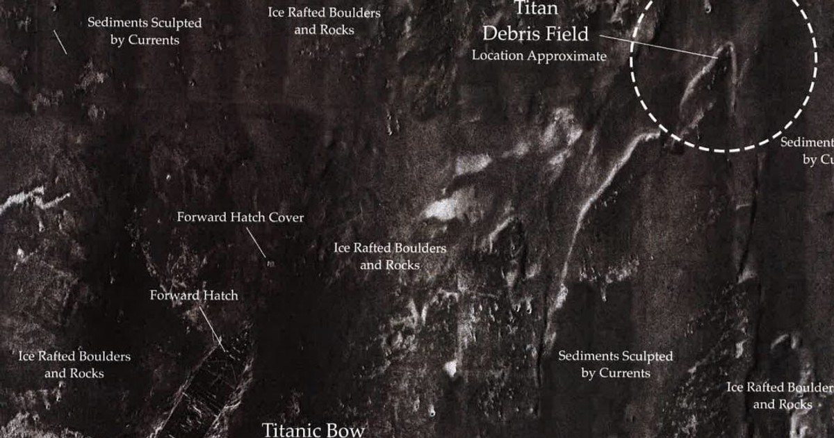 A map showing the Titan debris field in relation to the Titanic ...
