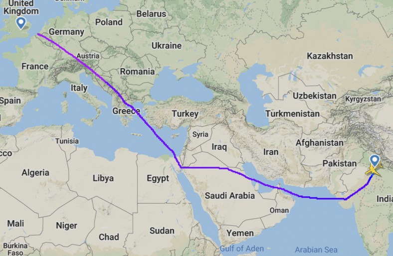 Samolot British Airways, trasa Londyn Delhi, trasa - Podróże
