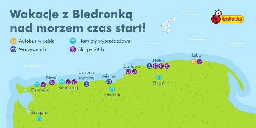 Biedronka nad morzem. Gdzie są sklepy? Ruszają dodatkowe punkty 24h [MAPA]