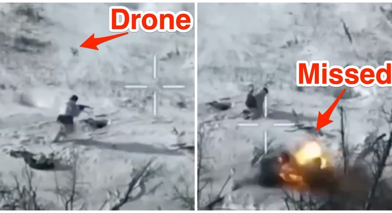 Video shows a Russian soldier diving out of the way of a drone, which ...