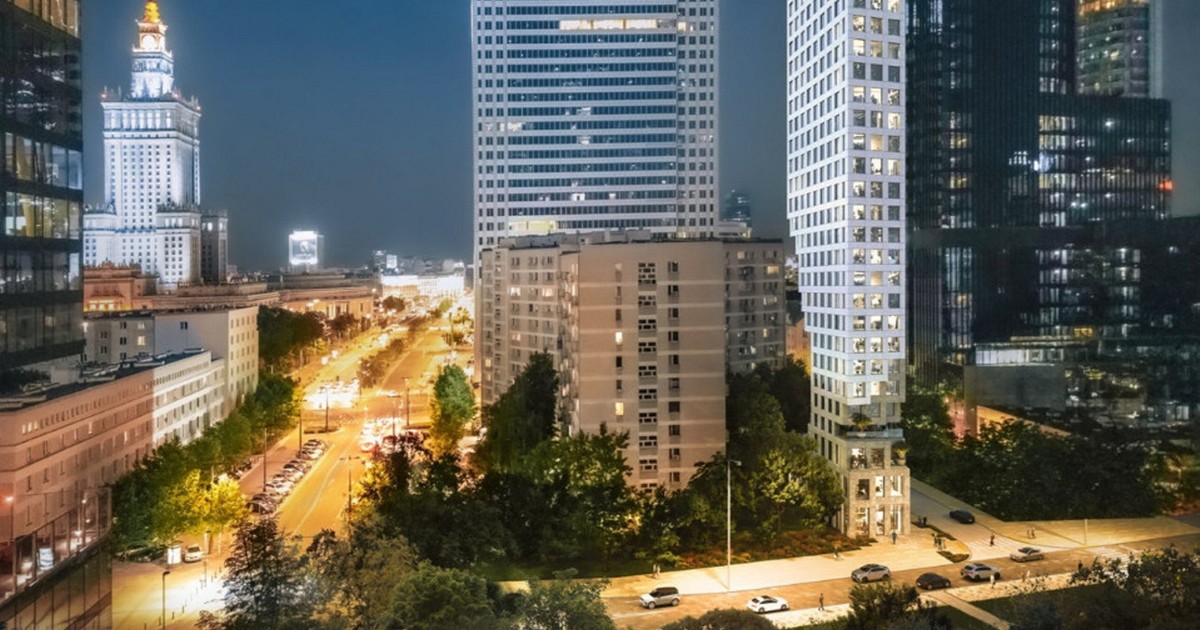 Nietypowy wieżowiec w centrum Warszawy. Bryła nawiązuje do cyfry 7