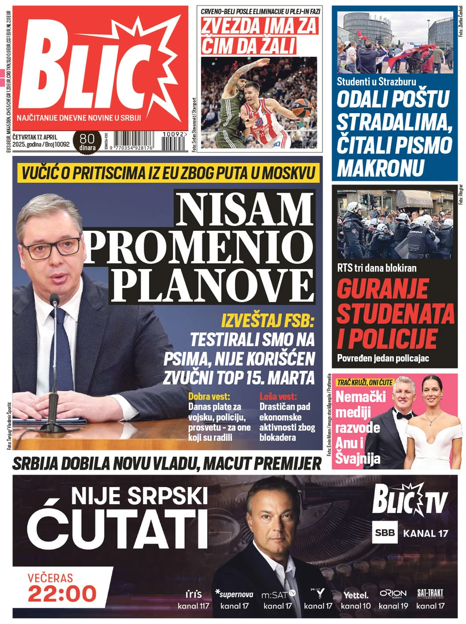 Naslovna strana za 17.4. - Blic
