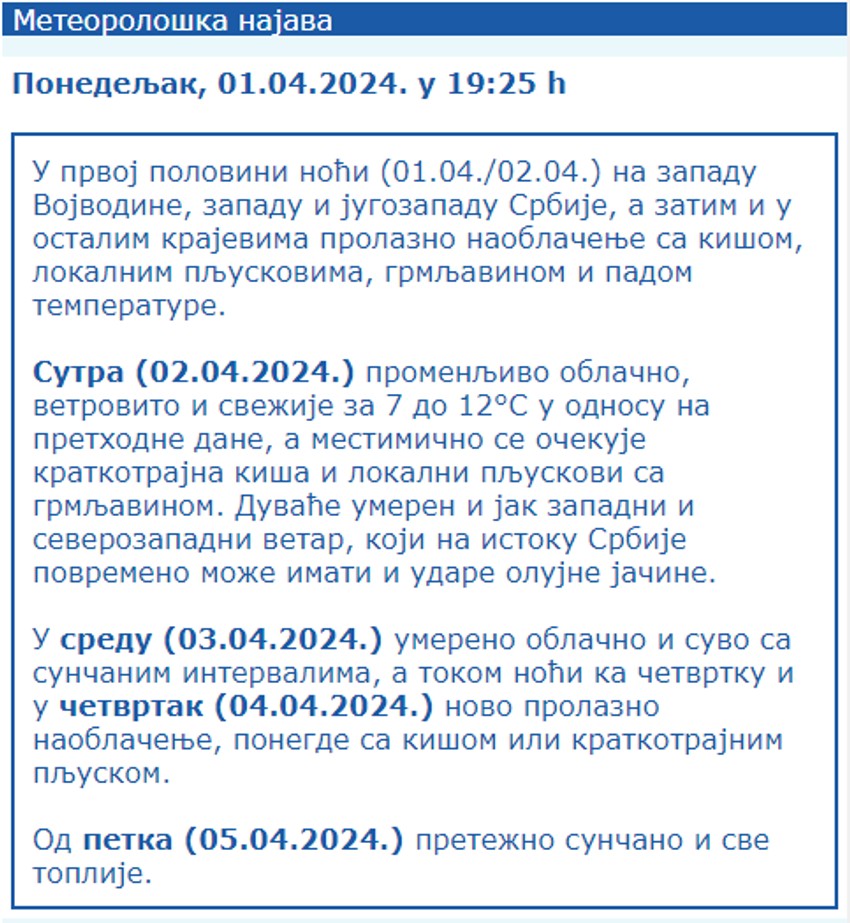 RHMZ upozorenje: U ove delove Srbije večeras stižu pljuskovi sa ...