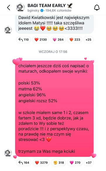 Bagi nie był wzorowym uczniem. Takie miał wyniki matury - Plejada