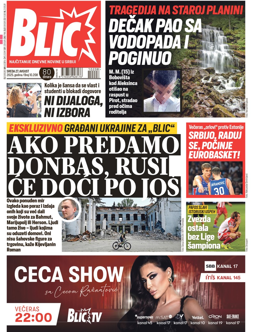 Naslovna strana za 27.8. - Blic