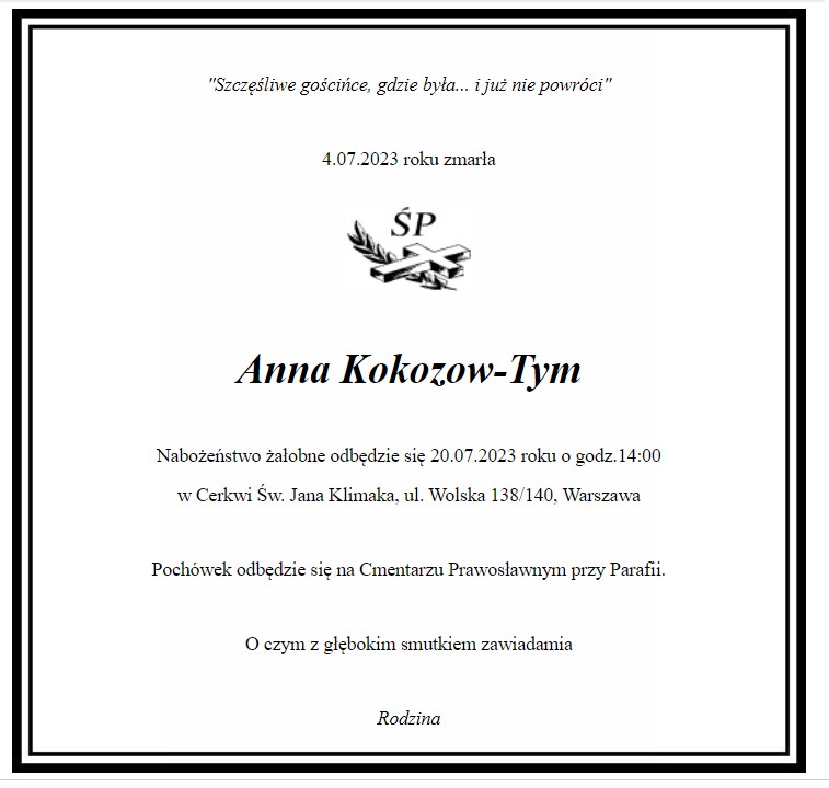 Anna Kokozow-Tym nie żyje. Miejsce i data pogrzebu byłej żony ...