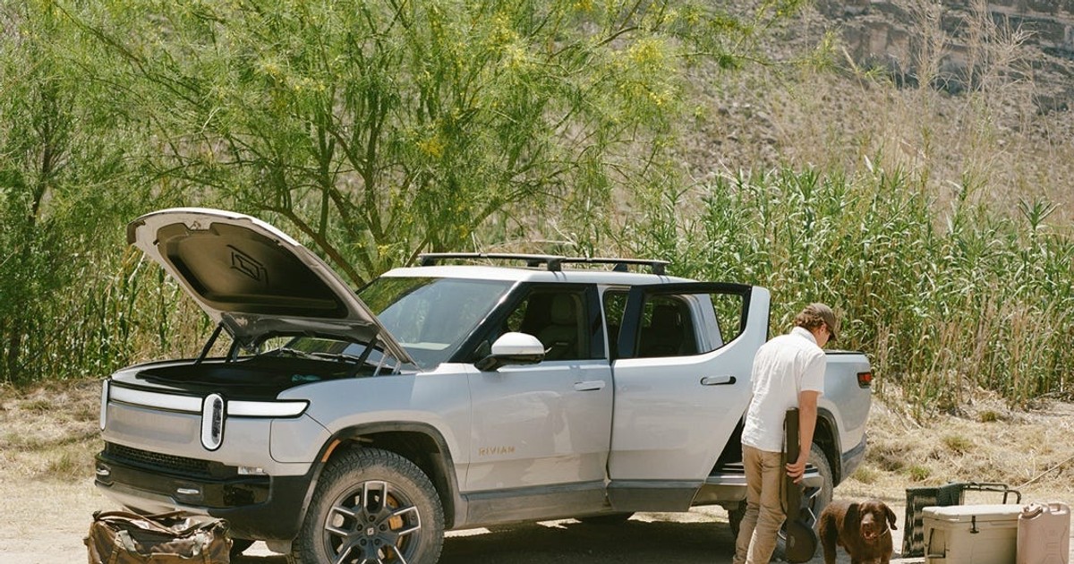 Rivian's R1T pickup has an air compressor, a built-in cooler under the ...