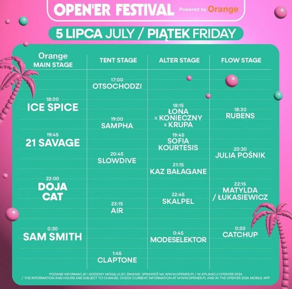 Open'er Festival 2024: Kto, gdzie i kiedy? Dokładna rozpiska godzinowa ...