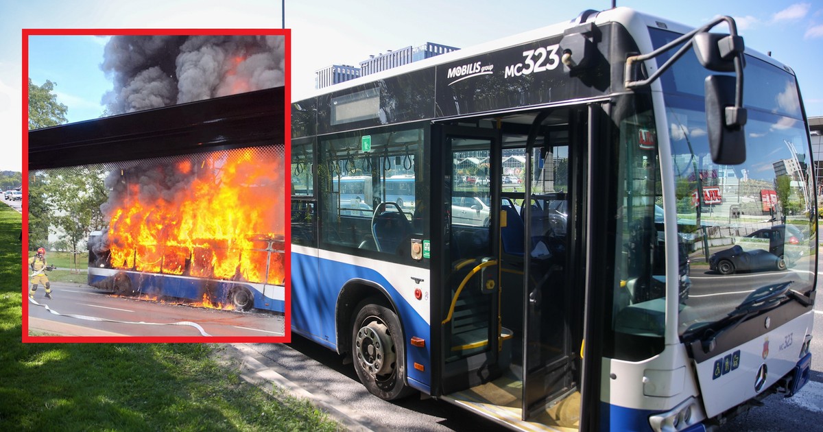 Pożar autobusu komunikacji miejskiej w Krakowie. Ewakuacja pasażerów ...