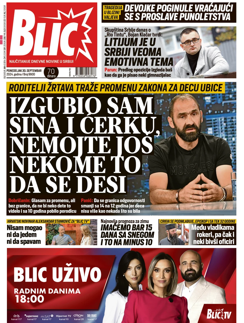 Naslovna strana za 30.9. - Blic