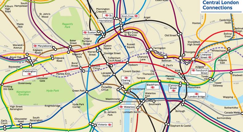 What the London tube map looks like without all the distortions in the ...