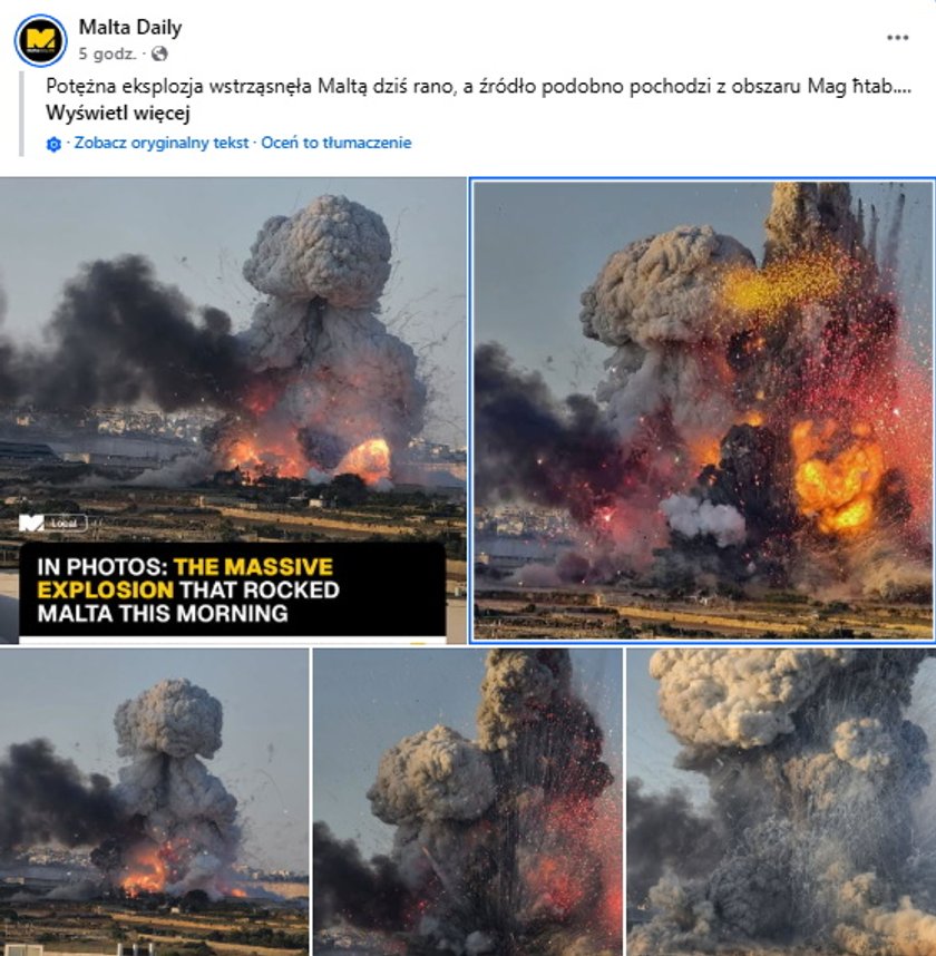 Potężna eksplozja na Malcie. Nad wyspą pojawił się gigantyczny grzyb dymu